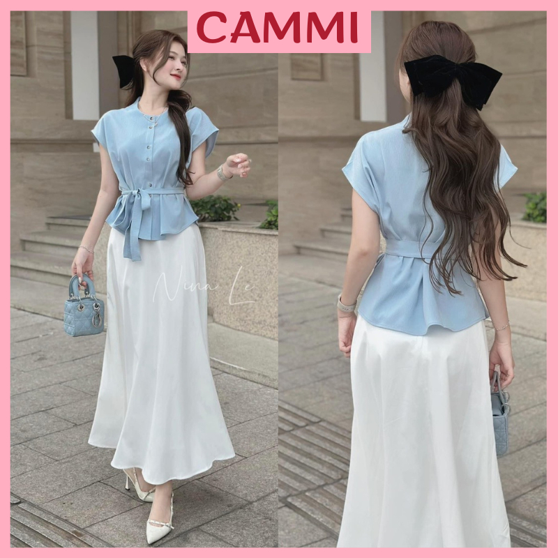 Set of blue ruffled top dress with mussel sleeves mixed with long white ...