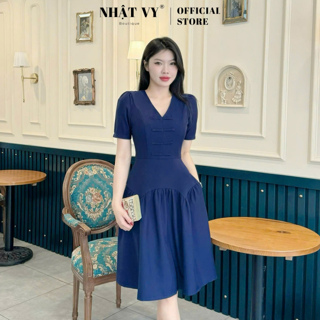 Nhat Vy office dress with stylized V-neck and silk ruffles, suitable for luxurious street ...