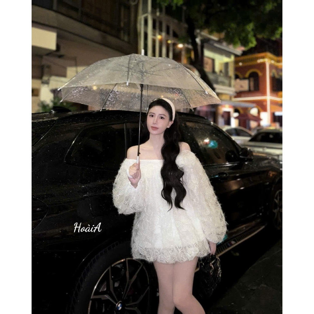 Babydoll Long-Sleeved Off-Shoulder Fur Dress with Floral Applique ...