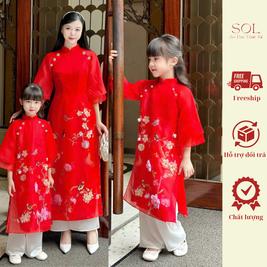 Ao Dai CNY Bright red mother and baby ao dai Set made of organza with ...