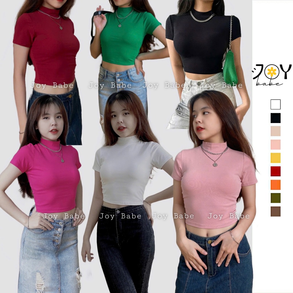 Joy BABE 100% cotton body-hugging short-sleeved turtleneck crop top, high-neck travel wear ...