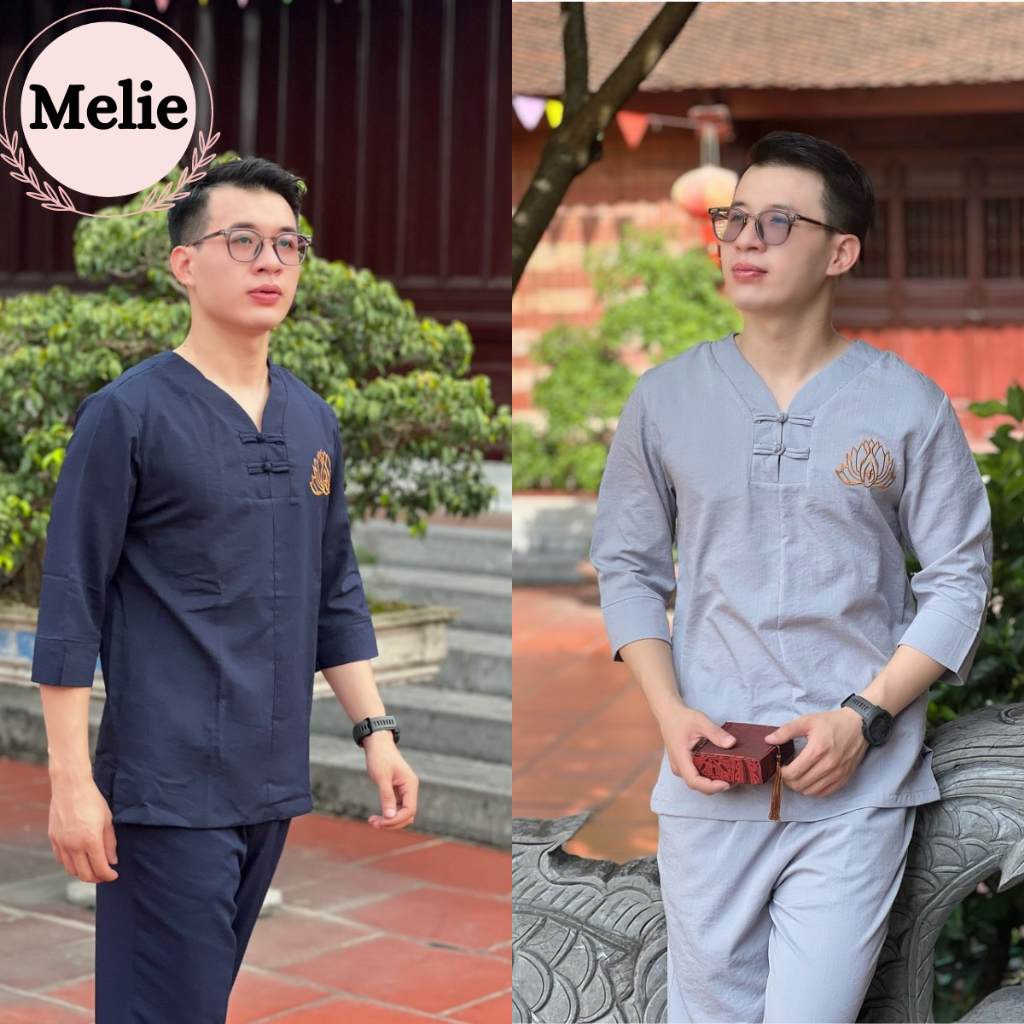 V-neck men's temple outfit with buttons CNY Phap men's temple outfit ...