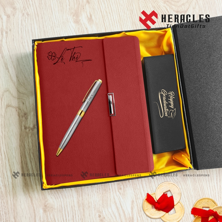 TRI Red leather notebook + premium signature pen set - engraved with ...