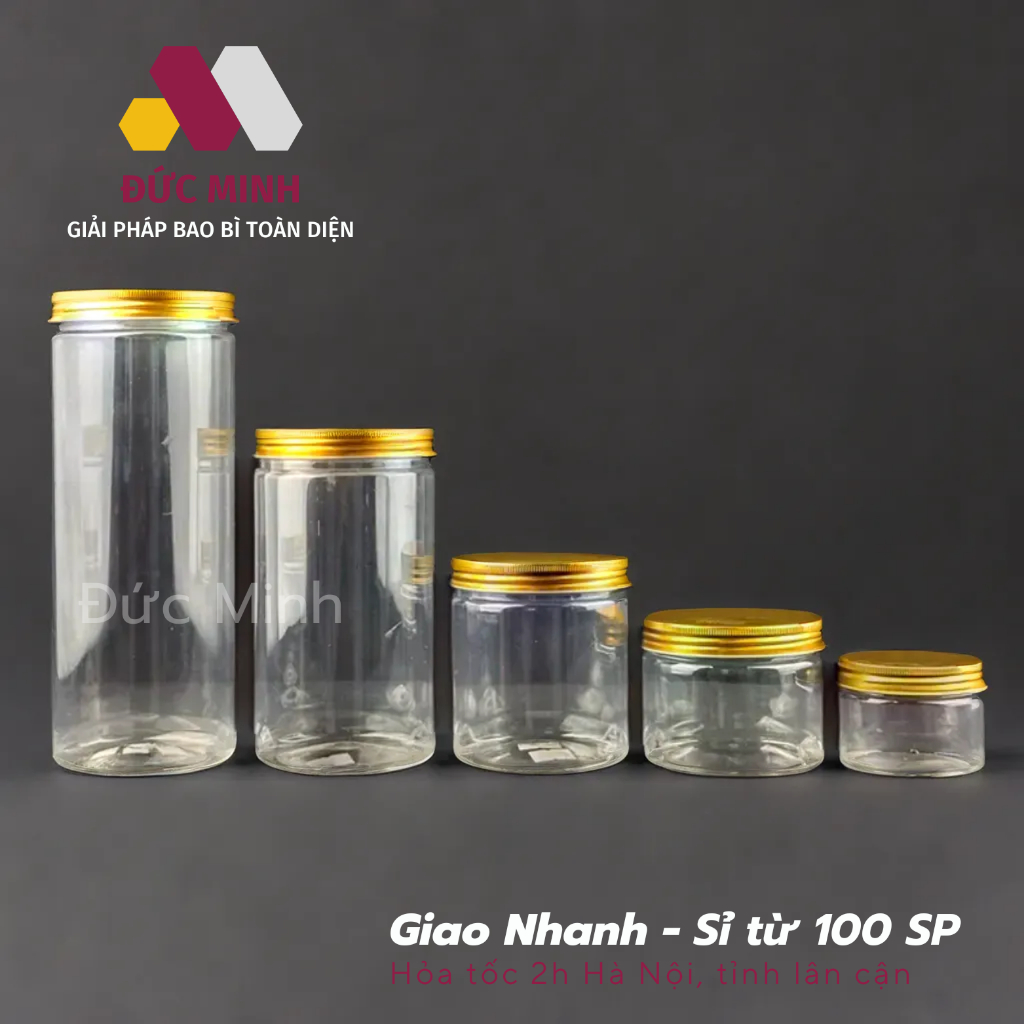 Plastic jars for food and cosmetics with golden aluminum lids, all ...