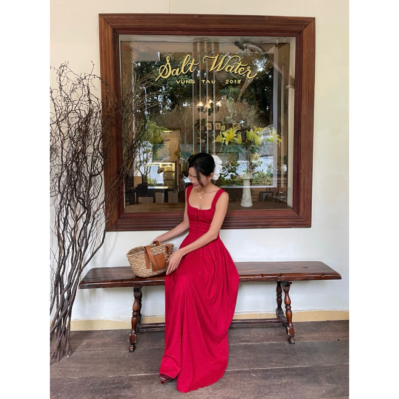 - Linen Dress with Square Neck and Flared Shape (Description) | Shopee ...