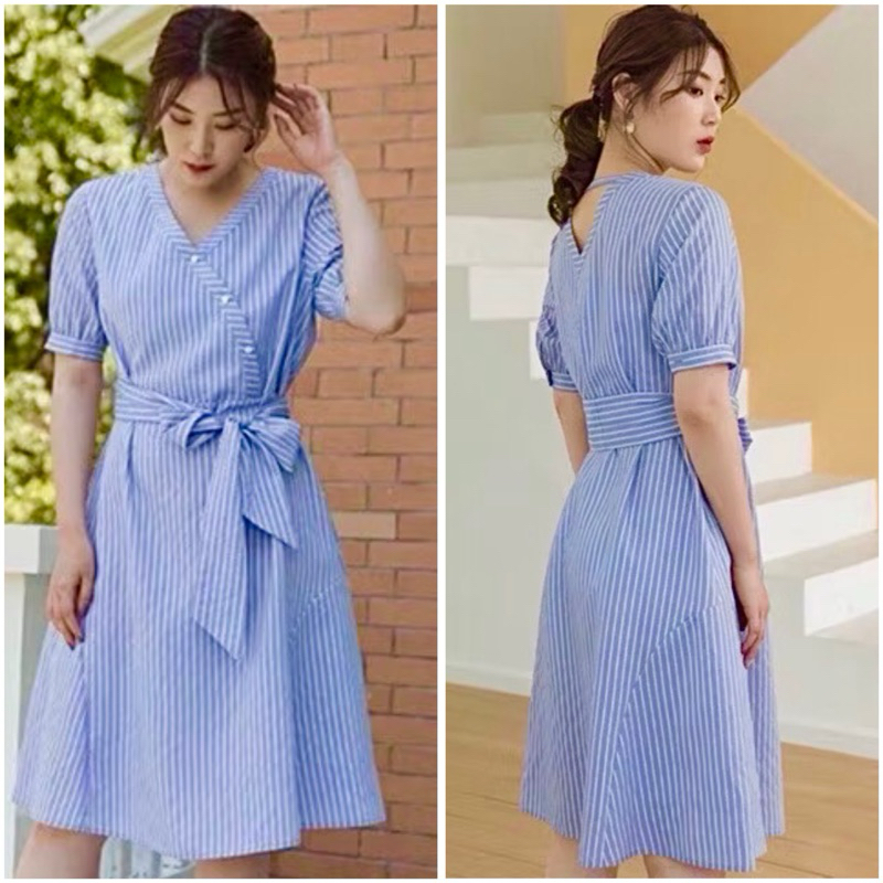 Midi dress, street dress with blue striped pattern and diagonal buttons ...