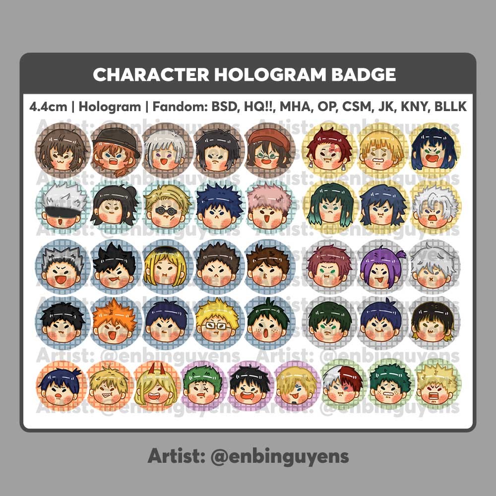 Sparkling anime badge BSD, MHA, HQ, CSM, KNY, OP, BLLK, JJK (artist ...