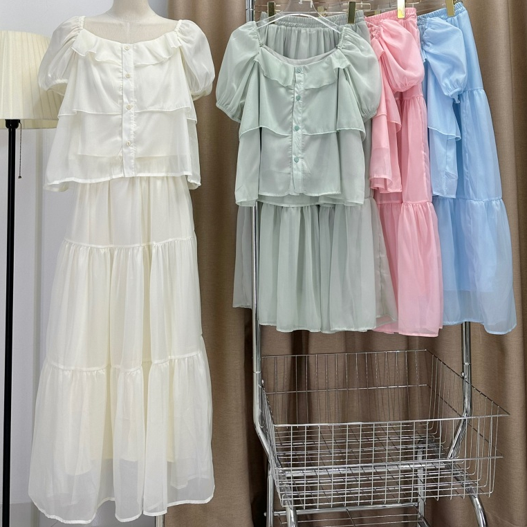Light Silk Layered Ruffle Blouse Set with Gentle and Feminine Long ...