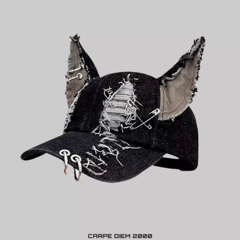 Cap with ears and piercings with unique torn design - Goth Dober Cap ...