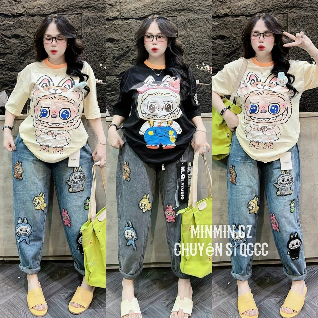 Labubu BAGGY JEANS Set Embroidered with embossed trends, high-quality ...