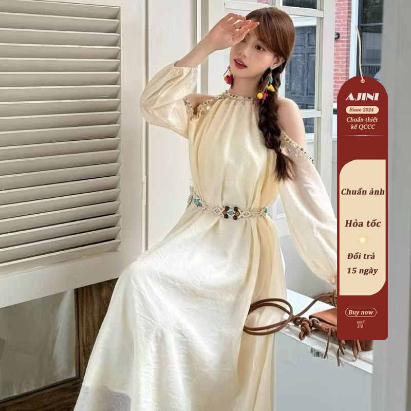White nomadic dress with puffed sleeves and belt | Ajini | Shopee Malaysia