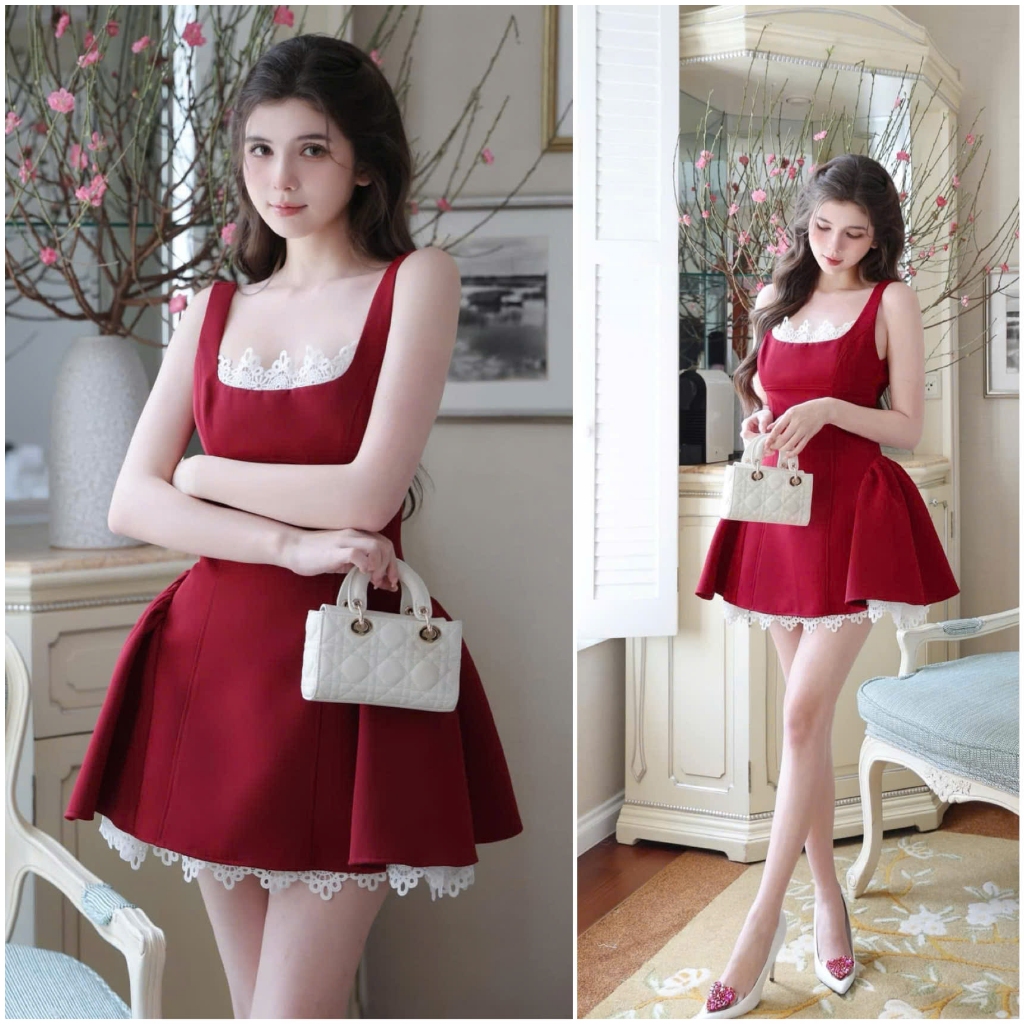 A70 flared lady's dress (with foam padding) Red 2-strap dress with lace ...