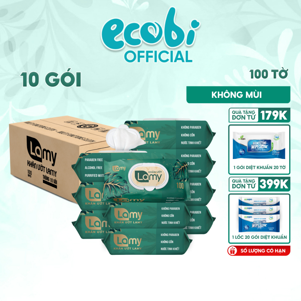 Box of 10 packs of Lamy baby wet wipes, pack of 100 premium alcohol ...