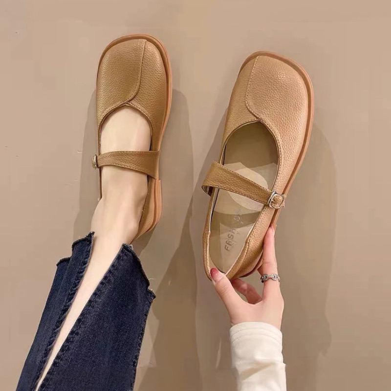Women's low-heeled square-toed shoes, soft rubber-soled doll flats from ...