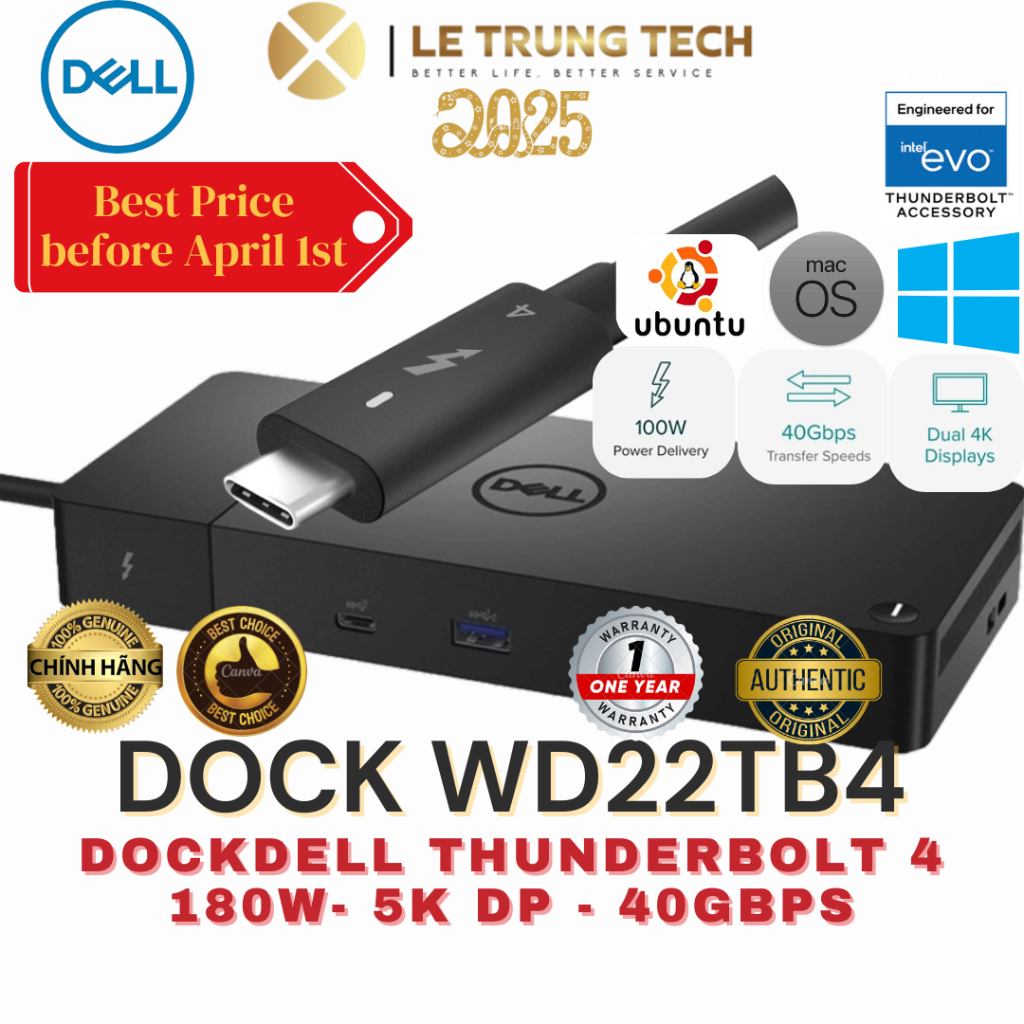 [HANDBOOK] Dell Thunderbolt 4 Dock WD22TB4 Speed 40Gbps, 180W WIN/MacOS ...