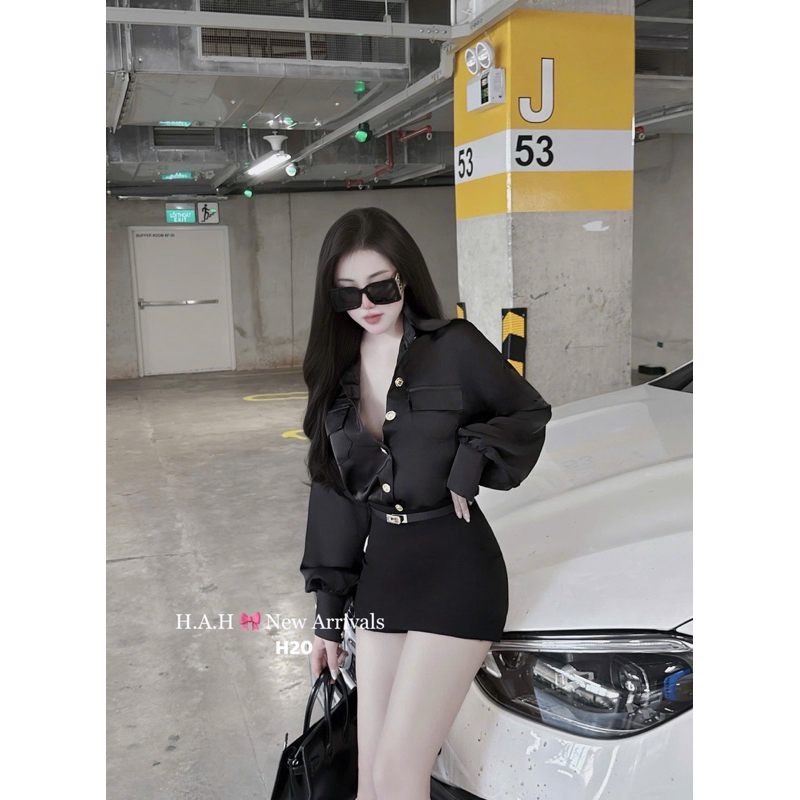 Set of yellow button shirt mixed with body-hugging skirt with luxurious ...
