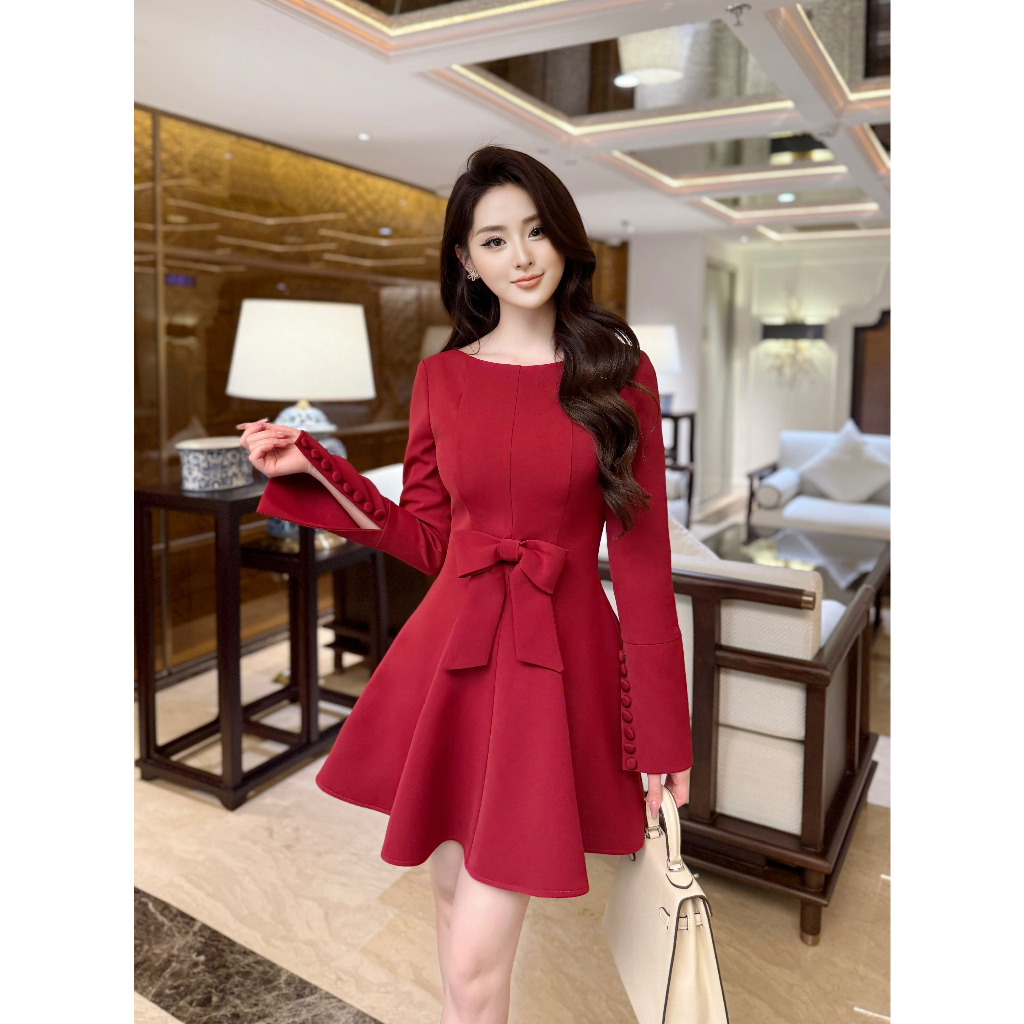 Red Flared Dress with Welded Cross and Thick Silk Lining, Boat Neck ...