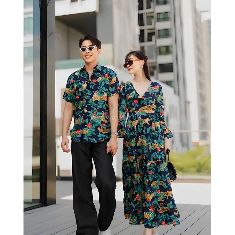 Men's and women's beach outfits with tropical floral printed maxi ...