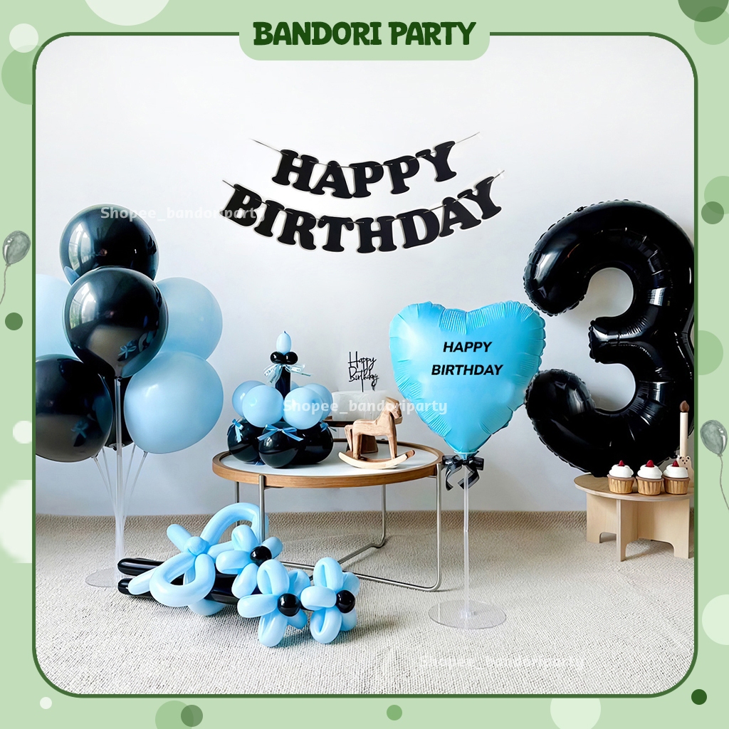 Simple Birthday Decoration Dark Blue Tone with Birthday Cake Balloons ...