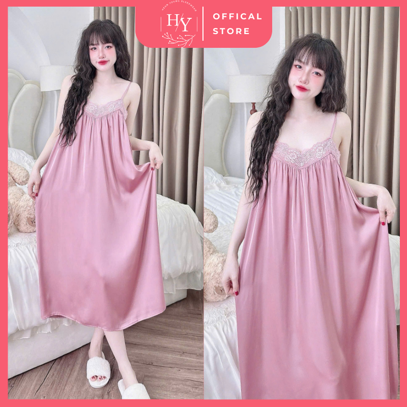 Heun YOUNG Sexy Nightgown Latin Silk 2-String Nightgown with Pleated ...