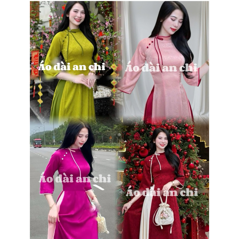 Traditional brocade ao dai with offset neckline, combined with bow and ...