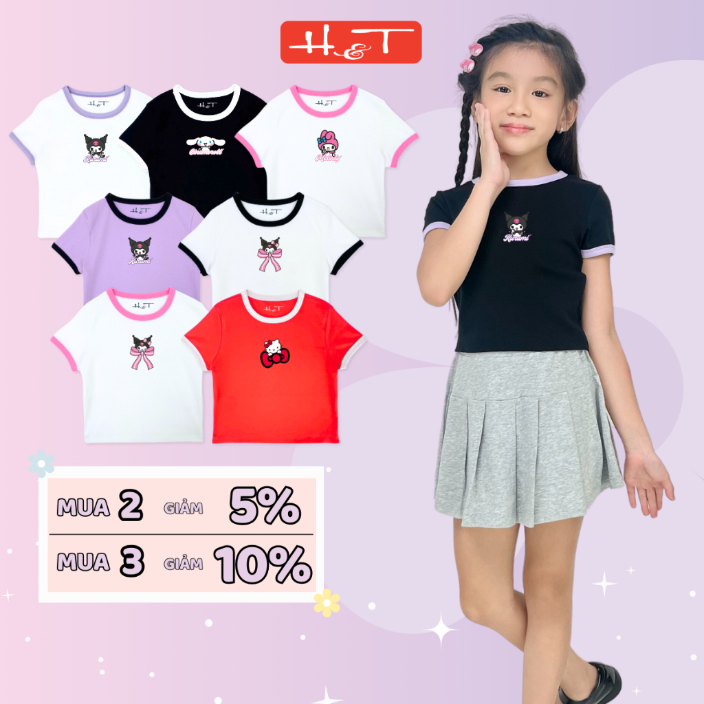 Sanrio girls' crop top H&T Basic body-hugging form, plain short sleeves ...