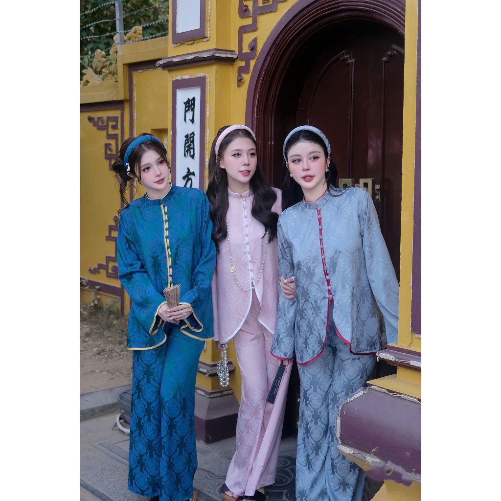 Set of Tho Bat Silk Pagoda Dresses with Diagonal Lapel in the Middle of ...