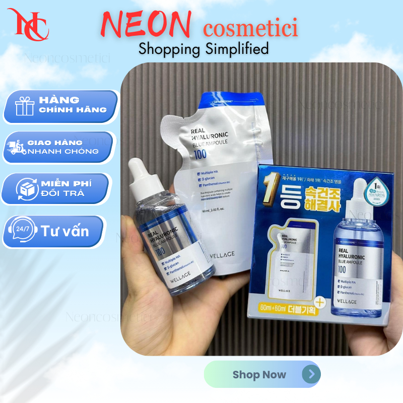 (Set Bottle + refi bag) Wellage Real Hyaluronic Blue Ampoule Serum 100 ...