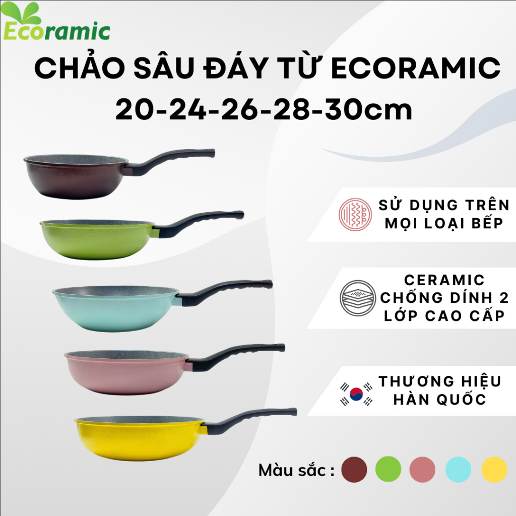 Ecoramic ECWKIH-ST Premium Magnetic Bottom Deep Pan with multi-colored bottom (size 20,24,26,28 ...