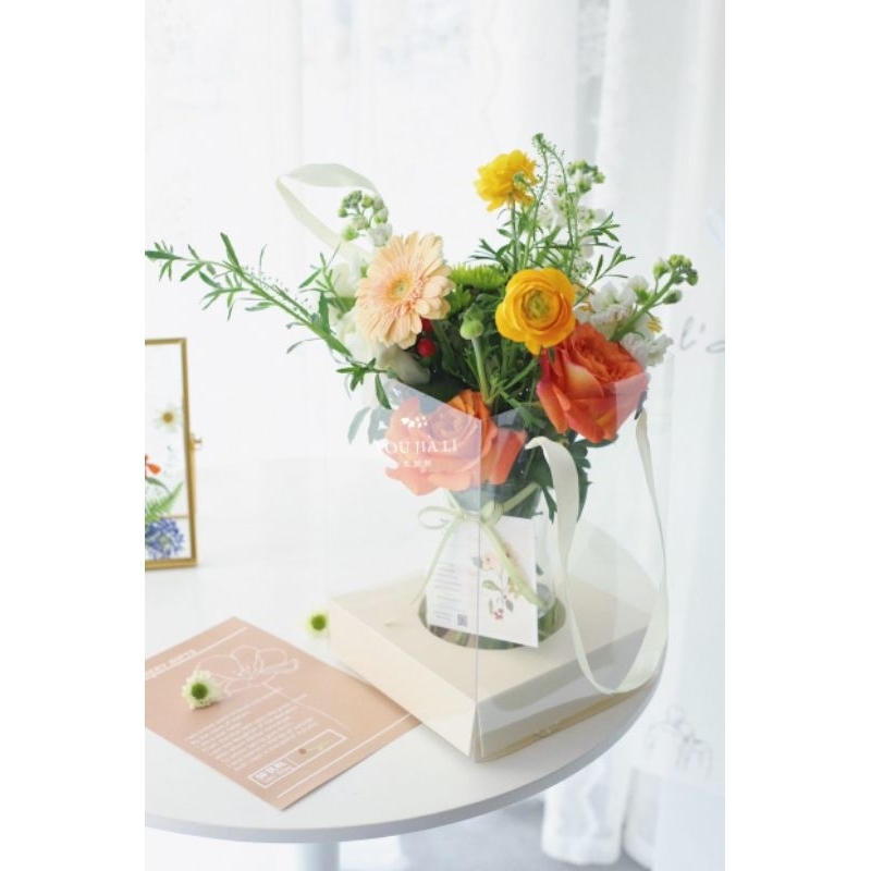 Transparent mica flower arrangement box with round base without lid ...