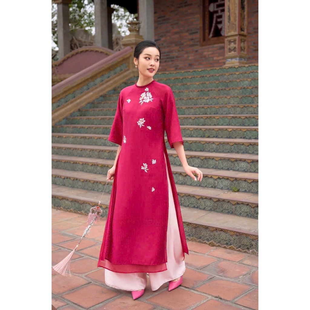Hong Khuyen innovative straight ao dai - Net Viet ao dai - Silk embroidered with lotus pink ...