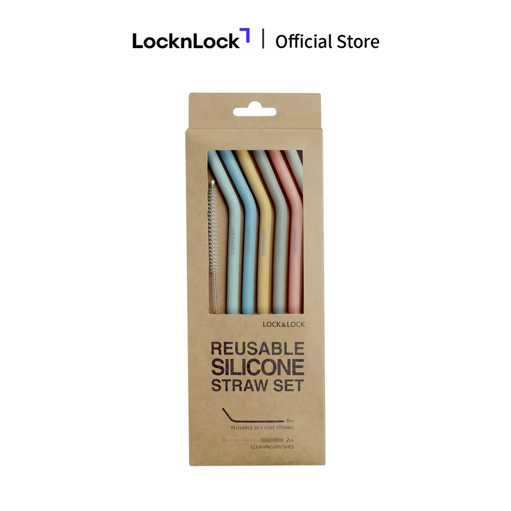 Set of 6 reusable silicone straws with 2 Lock&Lock cleaning brushes ...