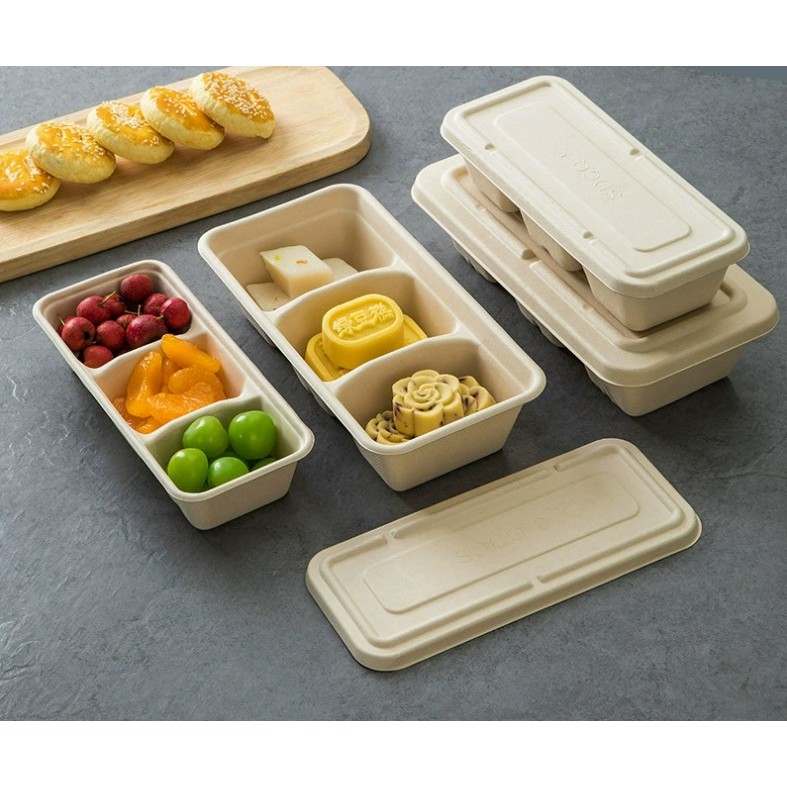 Set of 10 600ml Bagasse Boxes with Beige PET Lid and 3 Compartments for ...