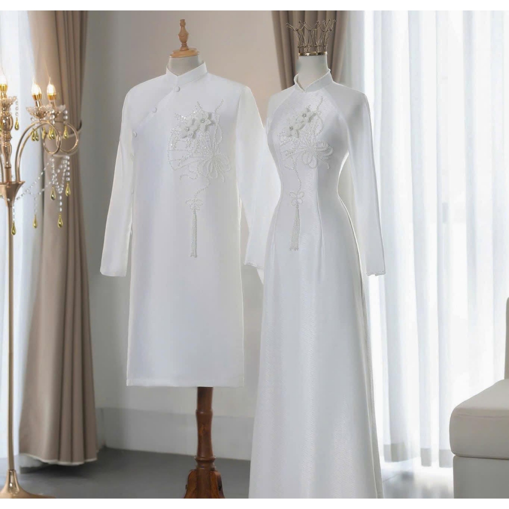 Wedding ao dai, bridal ao dai with WHITE Embroidered Fan pattern, bride ...