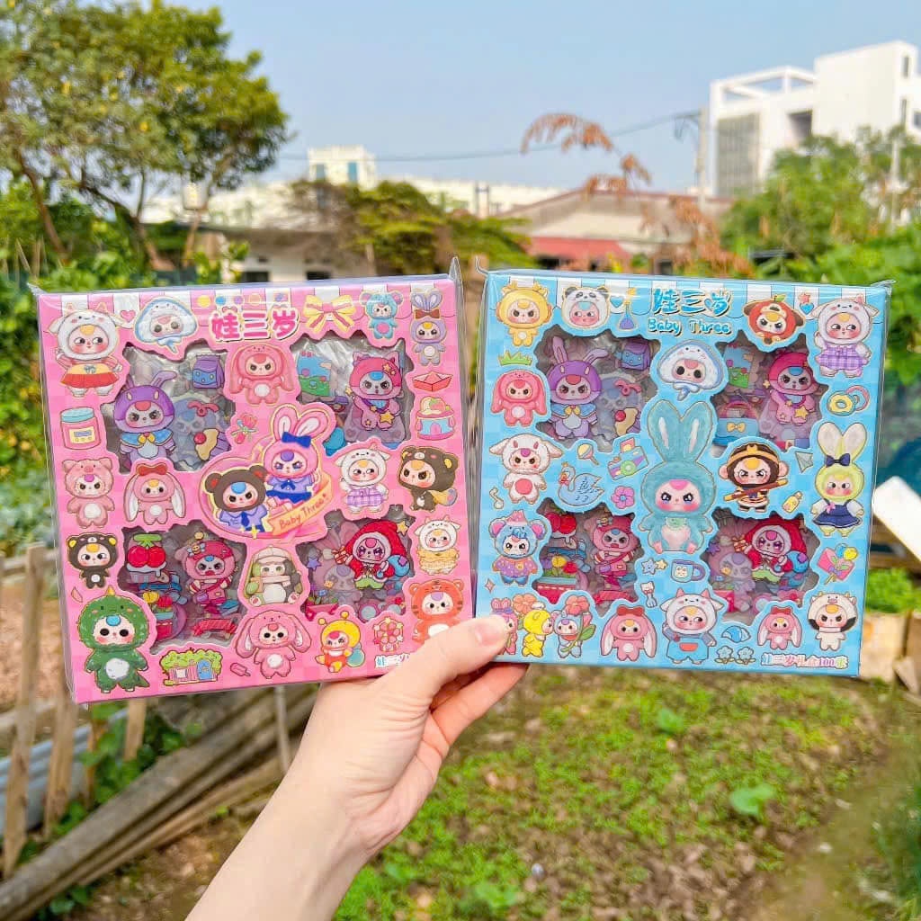 Box of 100 Baby Three stickers, super cute clear plastic stickers ...