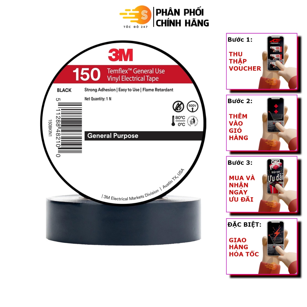 3M Temflex 150 PVC electrical tape 18mm x 20m 3M-BK150 - Fireproof, good insulation, high heat ...