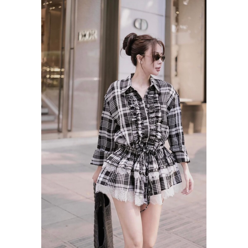 Standard BRAND model wearing BAGEO Ruffled shirt dress with lace trim ...