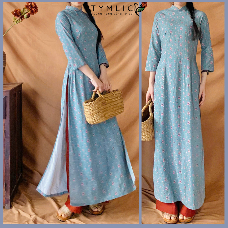 Traditional Handmade Linen Ao Dai Imported from Korea with Pink Flowers ...