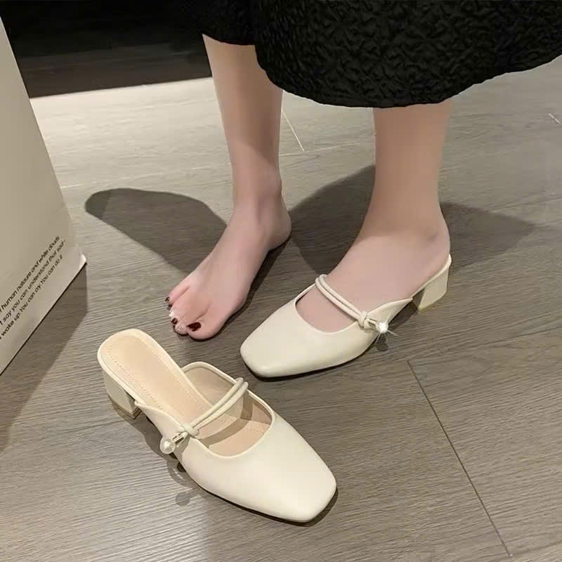 Open heel mules_Women's 5cm square toe high heels made of soft leather ...