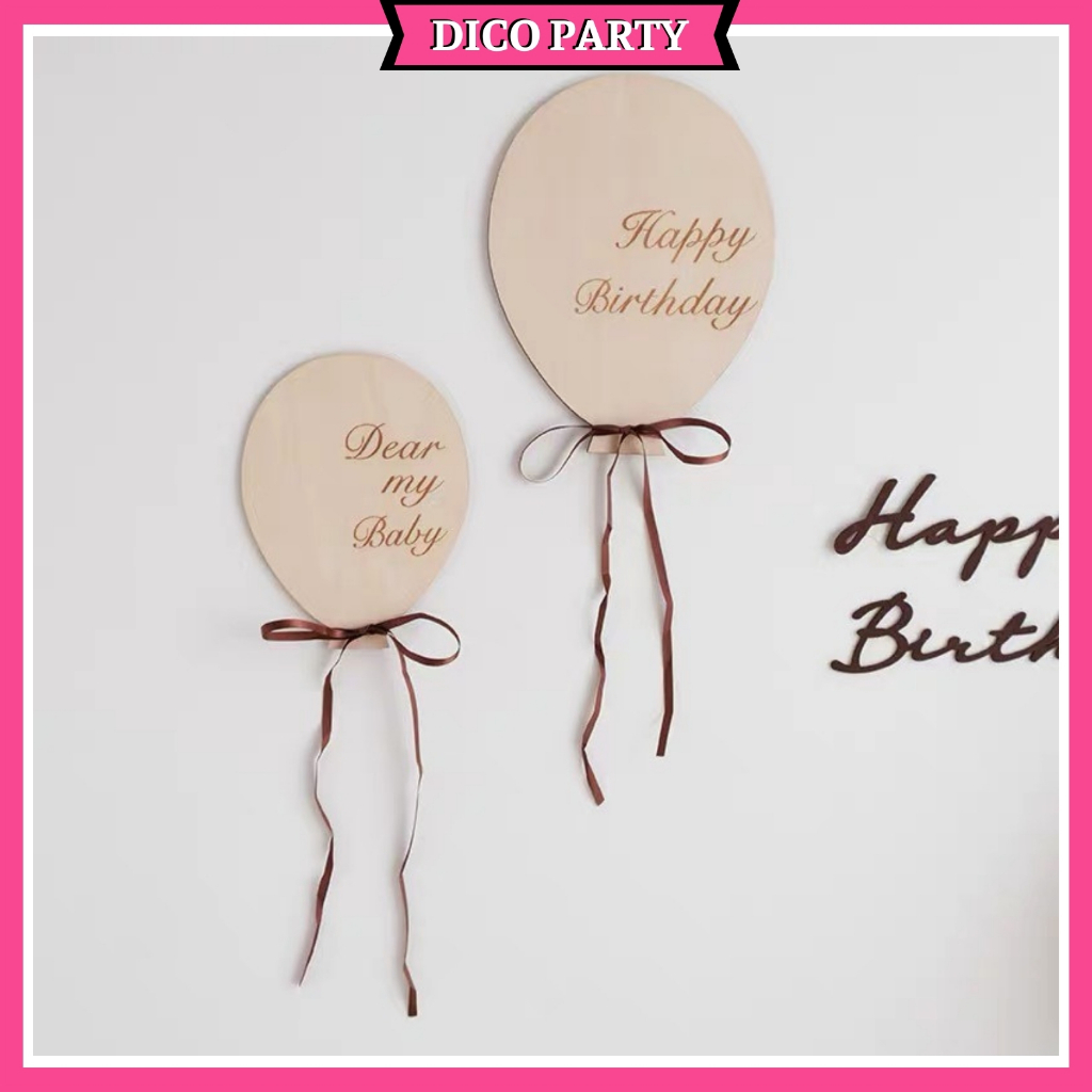 Wooden balloons engraved with happy birthday letters for vintage style ...