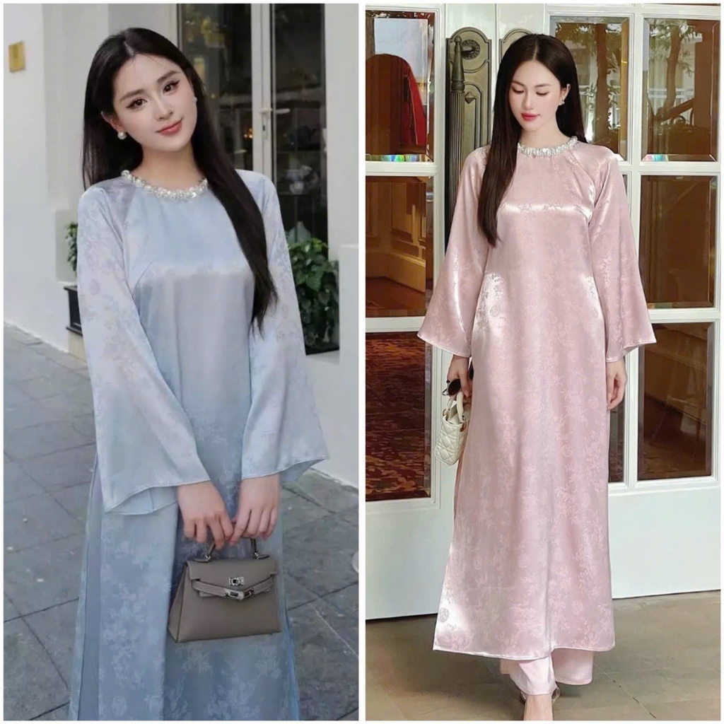 Modern brocade ao dai with pearls around the neck | Shopee Malaysia