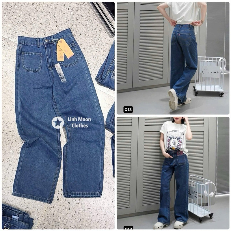 [New Hot] Basic Hach Blue High-Waist Wide-Leg Off-Shoulder Jeans, Very ...