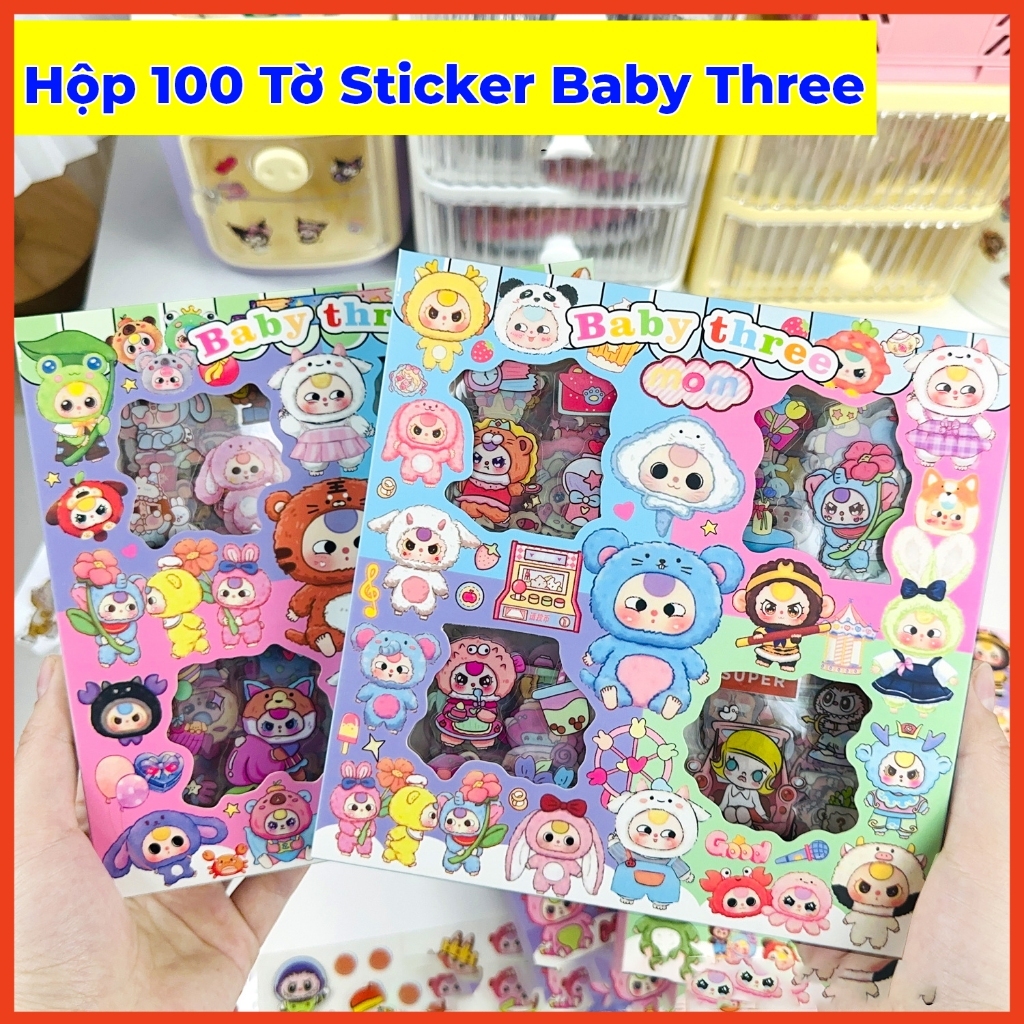 Box of 100 cute Baby Three, Capybara Labubu stickers | Shopee Malaysia