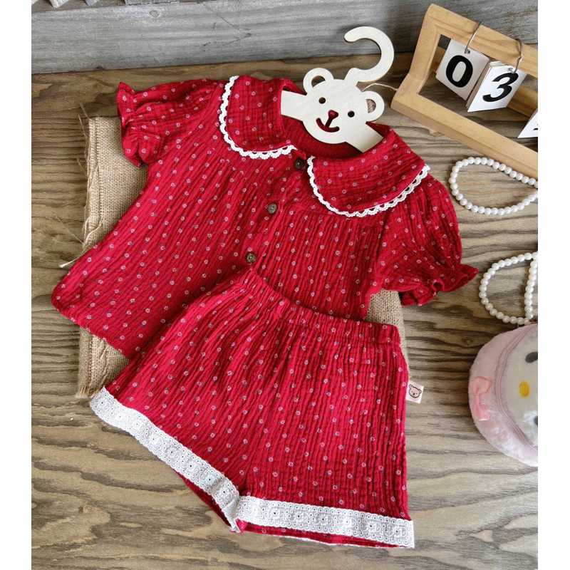 NT426 Set Muslin bucket set with lotus collar and lace trim with ...