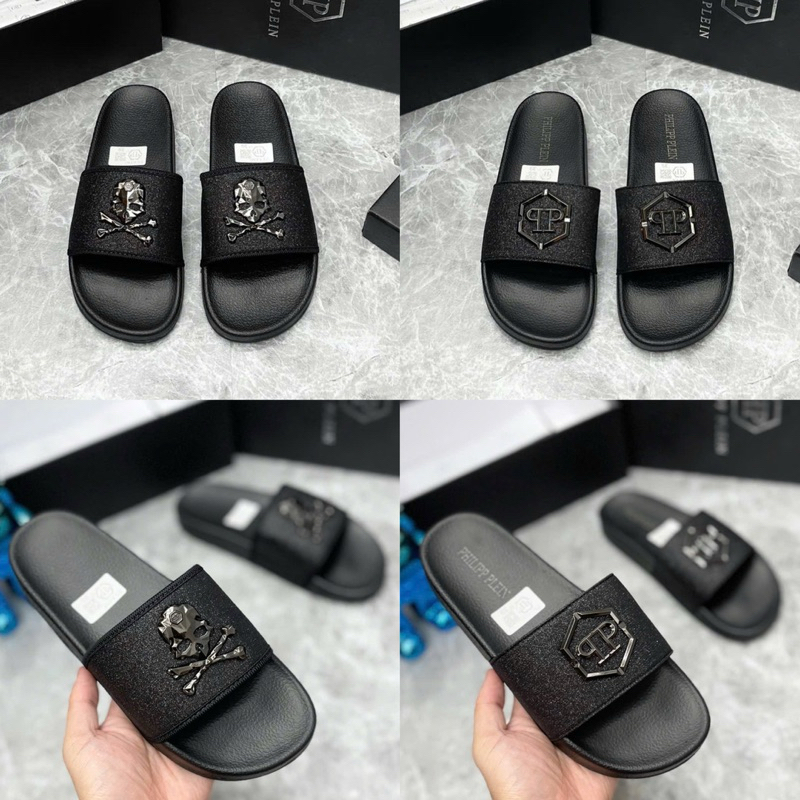 Philip Men's Street Boy Slippers with Grained Leather Straps and Skull ...