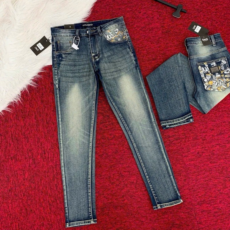 Men's denim jeans with washed wave pattern and pockets covered with ...