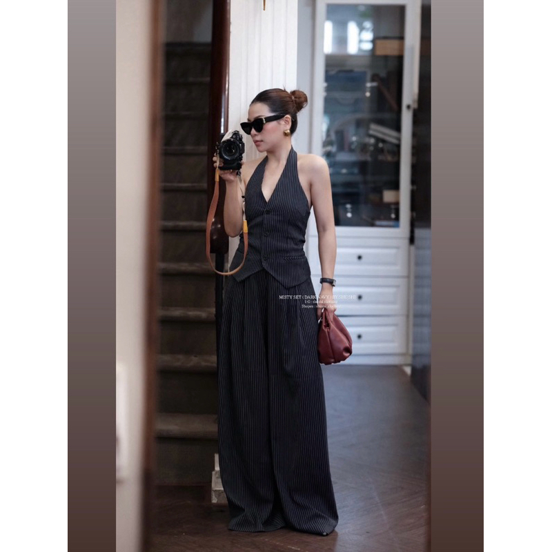 Misty Set Dark Navy | Striped Gile Set with Camisole Collar (original photo) | Shopee Malaysia