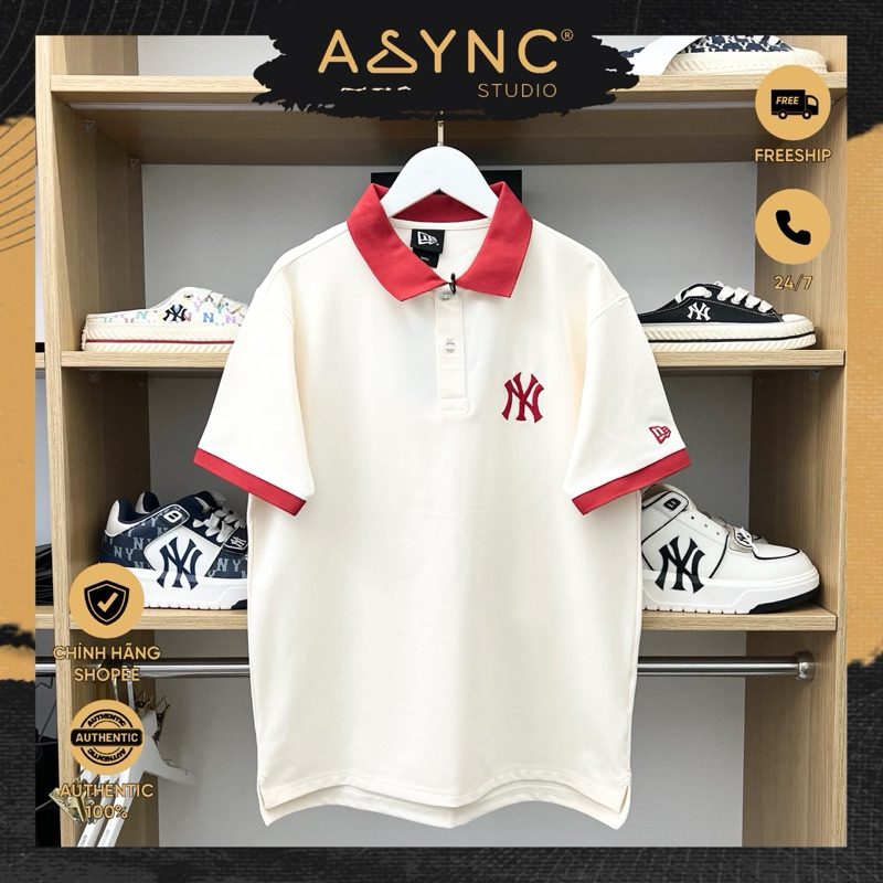 (Auth) New Era x MIb NY Polo Shirt Cream Red Collar Red Sleeves Basic ...