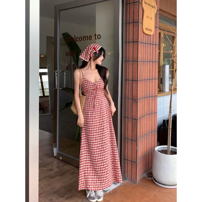 Long backless checkered dress with turban | Shopee Malaysia