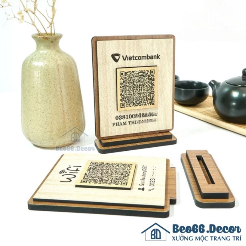 Very pretty desktop QR code, Wooden board printed with bank QR code and ...